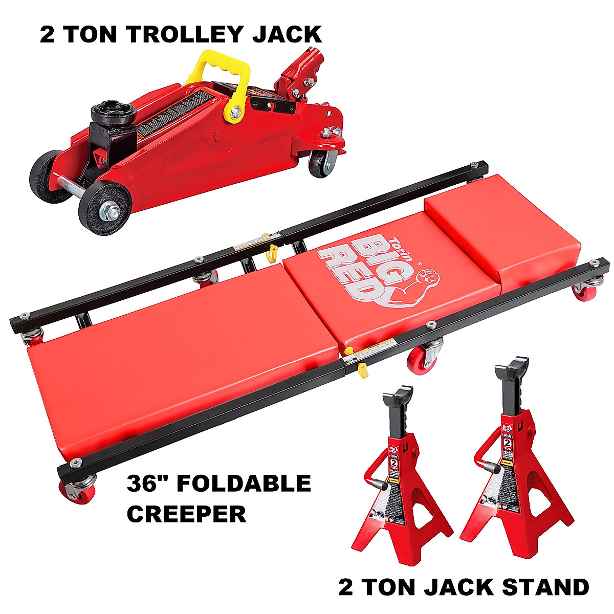 BIG RED T82040 Torin Hydraulic Trolley Floor Service/Floor Combo with 2 Jack Stands and Rolling Garage/Shop Creeper, 2 Ton (4,000 lb) Capacity, Red