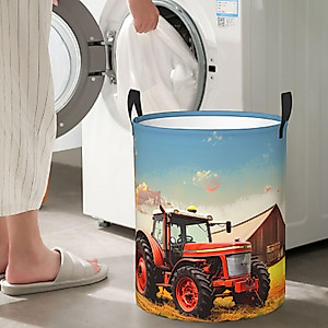 Company Farm Tractor Printed Circular Laundry Basket, Foldable Oxford Cloth Tote Bag Laundry Hamper, Toy Organizer, For Bathroo/Laundry Storage/Bedroom Storage/Medium