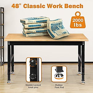 Betterhood 48" Heavy-Duty Adjustable Workbench for Garage, Rubber Wood Shop Table W/Rubber Pads, Hardwood Workstation Weight Capacity Over 2000 Lbs