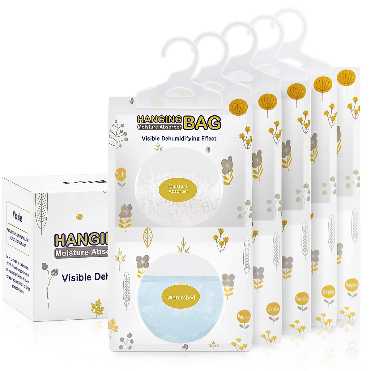 Vacplus Moisture Absorber Packets, Fragrance Free(5 Pack), Humidity Packs, Dessicant Packets, Hanging Closet Dehumidifier Bags, Moisture Absorb 9.8OZ