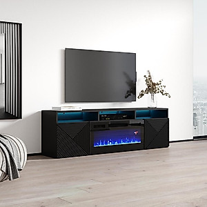 Meble Furniture Giza BL-EF 63'' Floating Fireplace TV Stand - Modern High Gloss TV Stand with Storage Cabinets - Central Entertainment Center Console Table for TVs up to 70" - Black