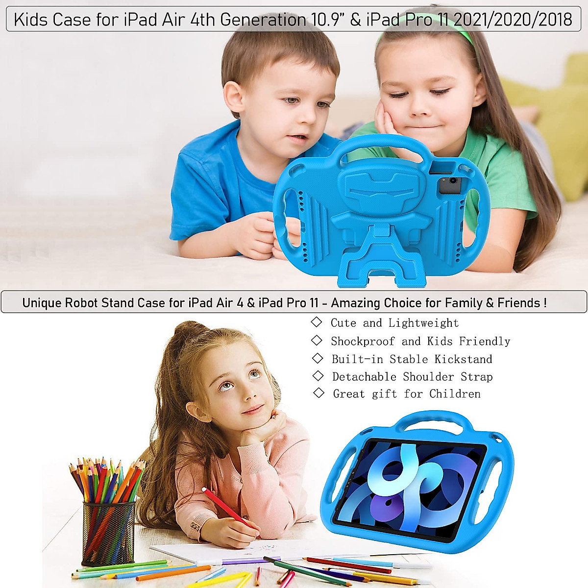 LTROP Kids Case for iPad Air 6th Gen(11",2024) & Air 5th/4th Gen & Pro 11, Durable Shockproof Case with Shoulder Strap Handle Stand for iPad 10.9 & 11 inch Tablets, Blue