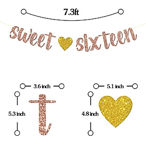 Maicaiffe Rose Gold Glitter Sweet Sixteen Banner - Happy 16th Birthday Banner - 16th Birthday Party Decorations for Girls - Sixteen Years Old Decorations