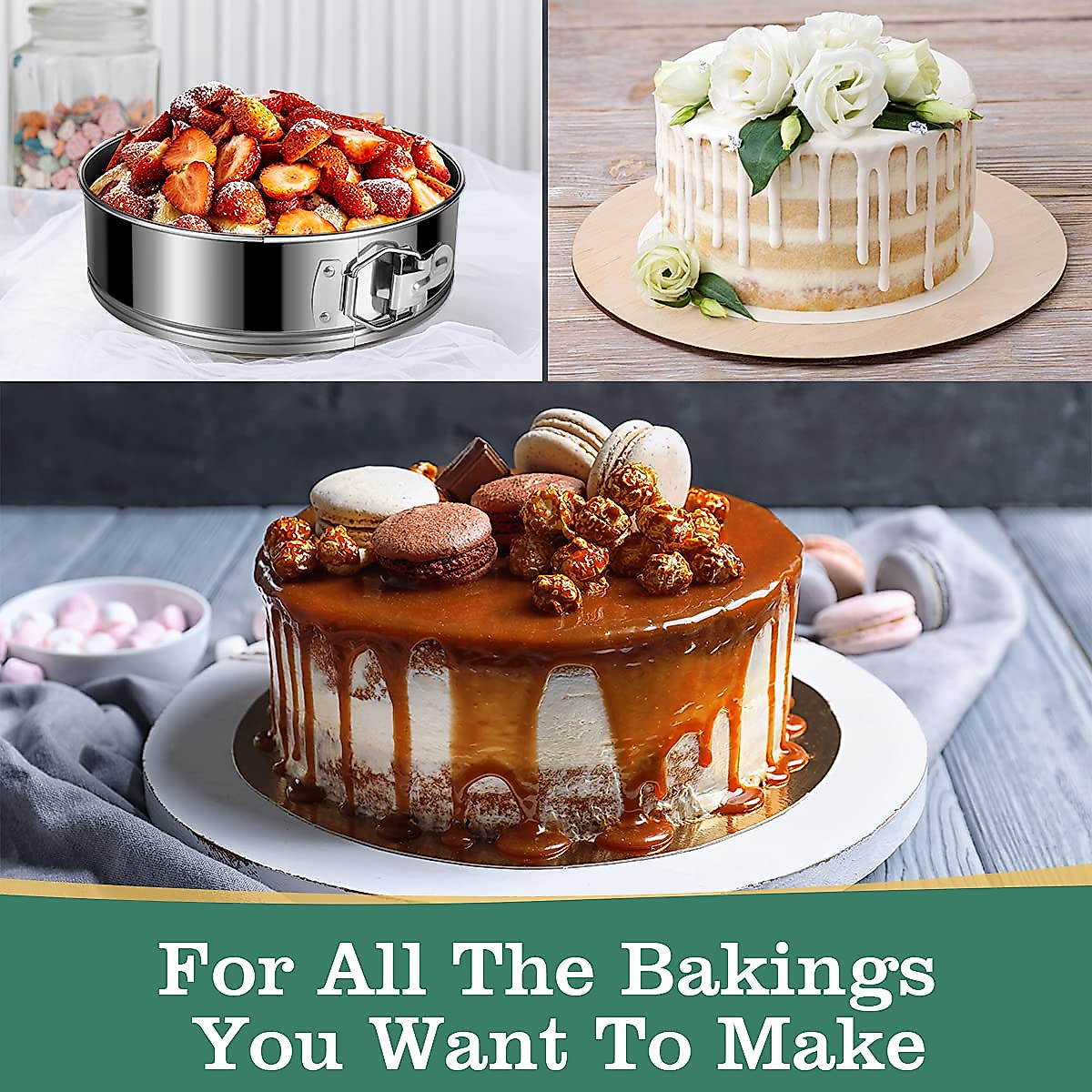 E-Gtong Springform Pan, Stainless Steel Springform Cake Pan, Leakproof & Nonstick Cheesecake Pan, 4" 7" 9" Round cake Pan with 50 Pcs Paper Liners and 7 Pcs Piping Tips