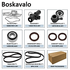 Boskavalo Engine Timing Belt Kit with Water Pump Compatible with 2003-2018 Honda Accord Pilot Crosstour Odyssey Ridgeline Acura MDX RDX RL TL TSX ZDX Saturn Vue Replaces TKH002 19200-RDV-J01 TCKWP329