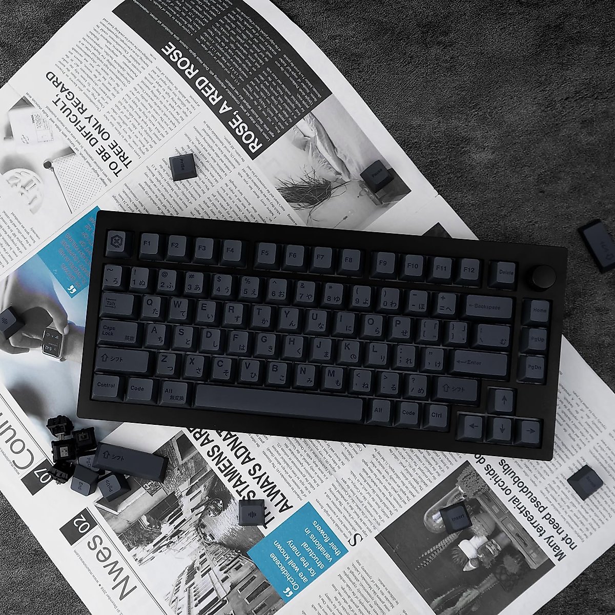 JOLINTAL 143 Keys Grey on Black Keycaps Set, Japanese Keycaps Custom Keycaps Black on Grey Keycaps, PBT Cherry Profile Keycaps for Mechanical Keyboard