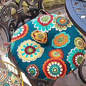MAGPIE FABRICS Outdoor 15"x15"x4" Round Bistro Seat Cushions with Ties Set of 2, Tufted Waterproof Patio Floor Chair Pads for Home Garden Balcony Kitchen Office Porch, Heronsbill Turquoise Green