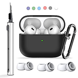 [7 in 1] AirPods Pro Case with Cleaner kit&Replacement Ear Tips,with Keychain and Anti-Lost String Accessories,Cleaning Pen for Air pods Pro Eartips with Noise Reduction Hole(Sizes S/M/L) - Black