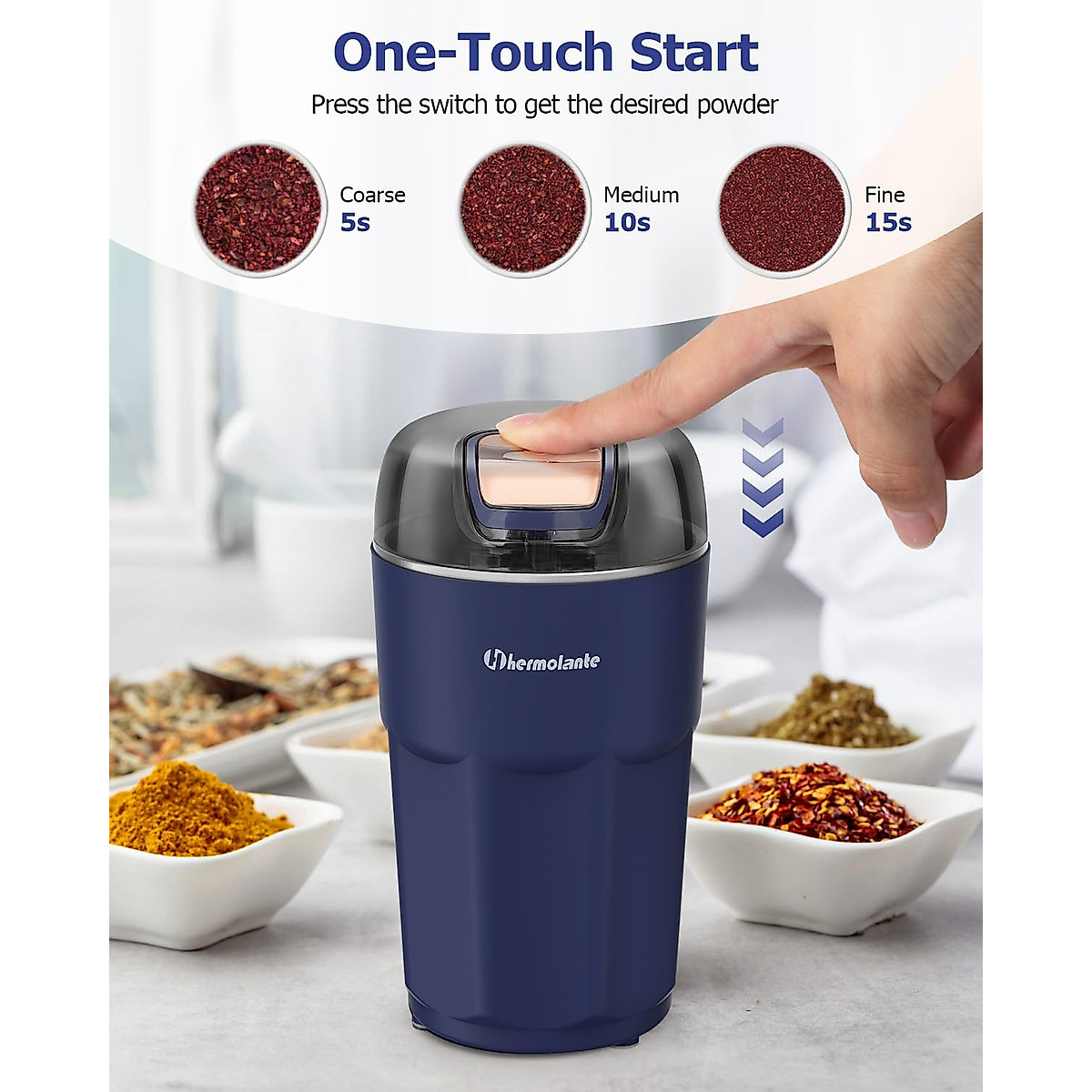 Hermolante Herb Grinder Spice Grinder, One-key Herb Spice Grinder with 304 Stainless Steel Blades and Cleaning Brush, Electric Grinder for Herb, Spices, Coffee, Nuts, Seeds,etc.