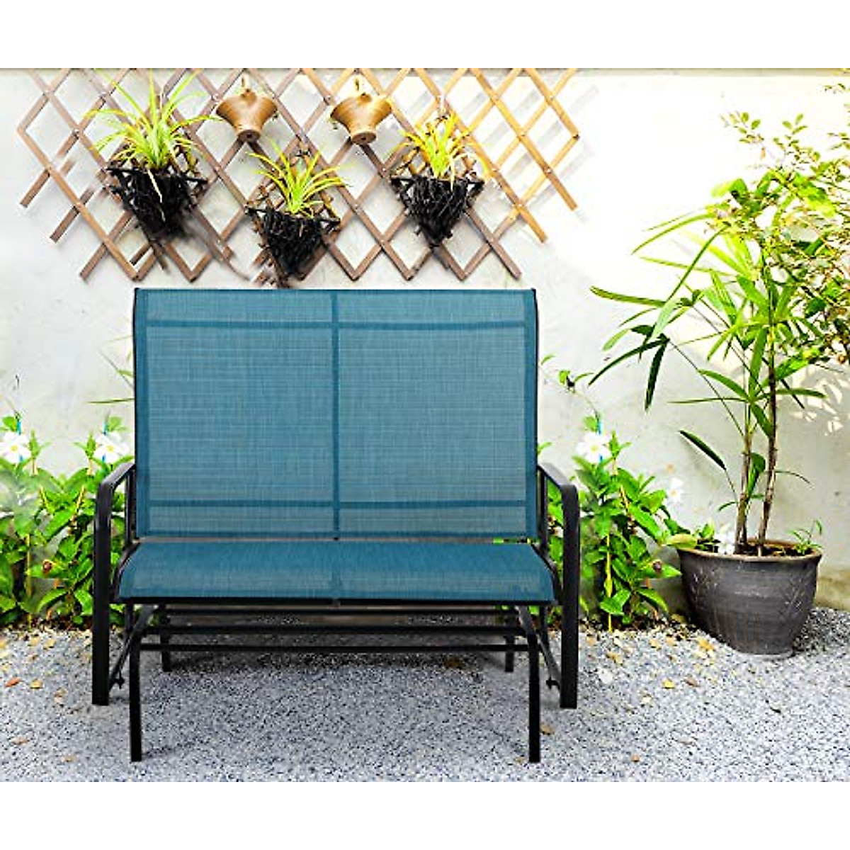 PHI VILLA 2 Seats Patio Glider Bench, Outdoor Swing Glider Loveseat Chair for 2 Person, Lawn Garden Deck Rocking Seating of Sling Fabric & Steel Frame, Blue