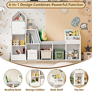 Vabches Kids Reading Nook with Bench - Bookshelf & Bookcase with Seat Cushion, 7 Opening Storage Cubbies, 3-Tier File Organizers, Toy Storage Box & Chest for School, Study, Playroom & Bedroom.