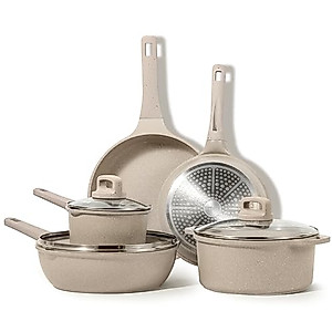 CAROTE Pots and Pans Set Nonstick, 8 Pcs Induction Cookware Set, Stackable Kitchen Cookware, Pans for Cooking, Taupe Granite