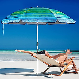 Ridota 7.2' Beach Umbrella with Sand Anchor, Outdoor Portable Beach Umbrella for Sand with Tilt Pole, Carry Bag, Air Vent, Green Stripes