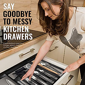 ELTOW Expandable Silverware Drawer Organizer & Utensil Tray Set, Non-Slip Kitchen Drawer Organizers and Storage, Kitchen Organization for Utensils, Cutlery, Office Supplies, Flatware Storage - Black