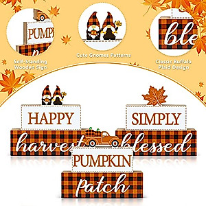 Fall Thanksgiving Decorations for Home, 3 PCS Buffalo Plaid Fall Table Decor Wooden Fall Signs - Harvest Blessed Pumpkin Patch, Farmhouse Fall Thanksgiving Decor for Tabletop Centerpieces Mantle Shelf