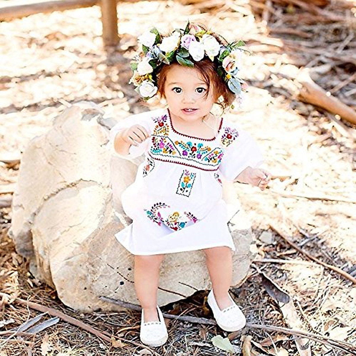 Kashoer Newborn Toddler Baby Girls Ethnic Embroidery Floral Dress Long Sleeve Party Sundress Skirt (6-12Months, White)