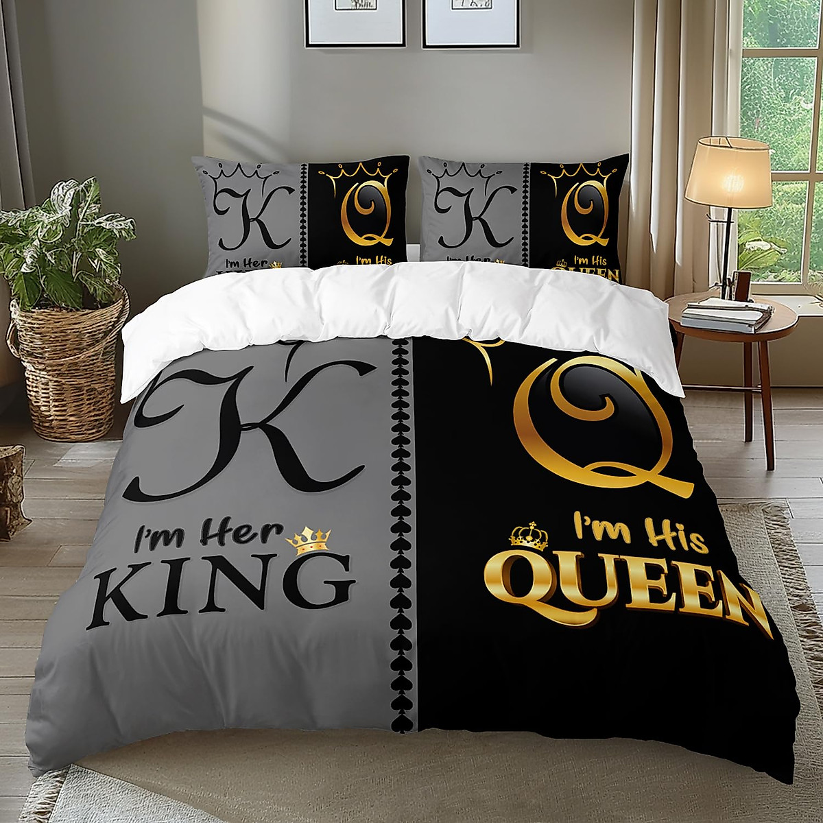 AILONEN Grey and Black Duvet Cover Set Queen Size, K and Q Printed Crown Couple Bedding Set Gifts,3 Piece His Her Themed Lightweight Microfiber Comforter Cover with 2 Pillowcases