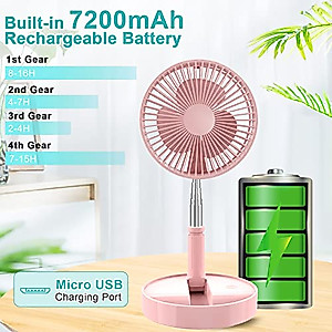 Flodaway Fan Rechargeable, Fold Away Fans Collapsible Portable Fan Pink for Traveling Foldable Compact Fan, Desk and Floor Fan 7200mAh Portable Folding Fan Battery Operated Adjustable 14.5-40"
