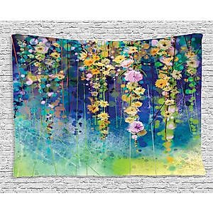 Ambesonne Watercolor Flower Tapestry, Vines Flowers in Soft Colors Summer Garden Watercolor Artwork, Wide Wall Hanging for Bedroom Living Room Dorm, 60" X 40", Mustard Indigo