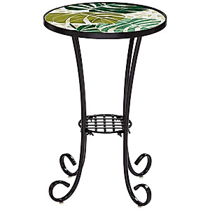 Teal Island Designs Tropical Leaves Black Metal Round Outdoor Accent Side Table 14" Wide Green Mosaic Tabletop Gracefully Curved Legs for Spaces Front Porch Patio Home House Balcony Deck Shed Yard
