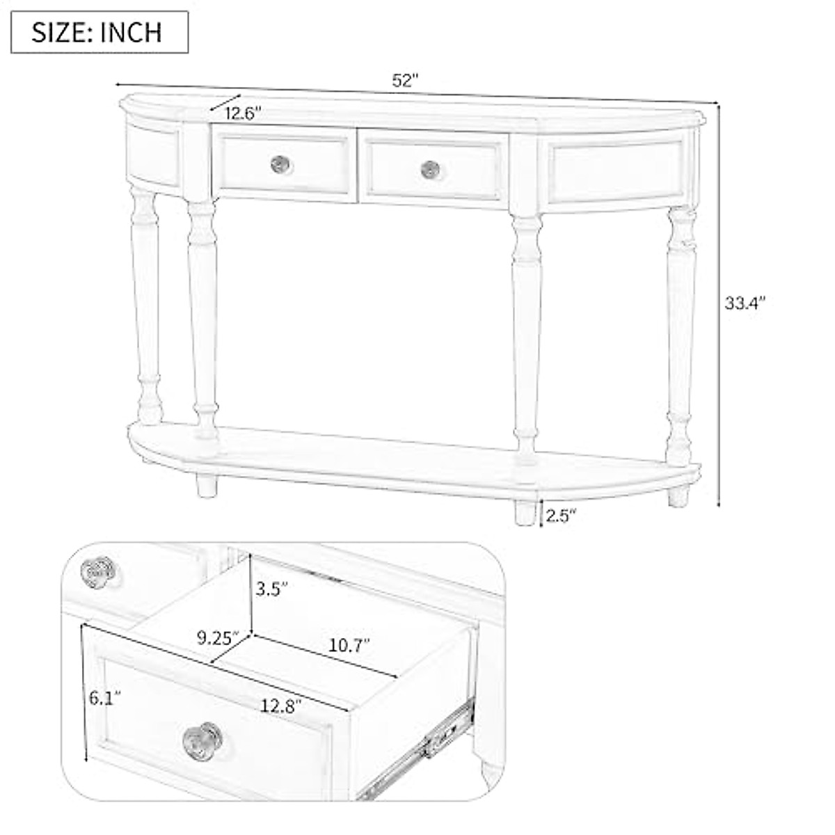 Tidyard Retro Circular Curved Design Console Table with Open Style Shelf Solid Wooden Frame and Legs Two Top Drawers Sofa and Couch End Table for Entryway, Foyer, Living Room, Bedroom Furniture