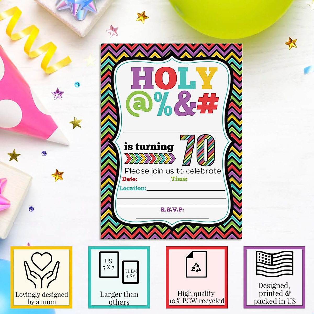 HOLY @% 70th Birthday Party Invitations, 20 Funny 5x7 Fill In Cards with Twenty White Envelopes for Milestone Birthdays by AmandaCreation