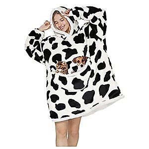 IamaCos Wearable Blanket Hoodie Cow Spot, Oversized Pullovers Sherpa Blanket Sweatshirt, Warm Cozy Throw Blanket, Thick TV Blanket for Women Men, Sofa Napping Working Camping Trip, One Size Fits All