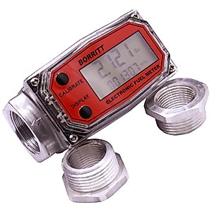 BORRITT 1" Inch Aluminum NPT Inlet/Outlet Threads LCD Electronic Digital Display Turbine Fuel Flow Meter 0.75-Inch Reducer Bushings for Measure Diesel, Kerosene,Gasoline Oil Water 32GPM Max Flow Rate