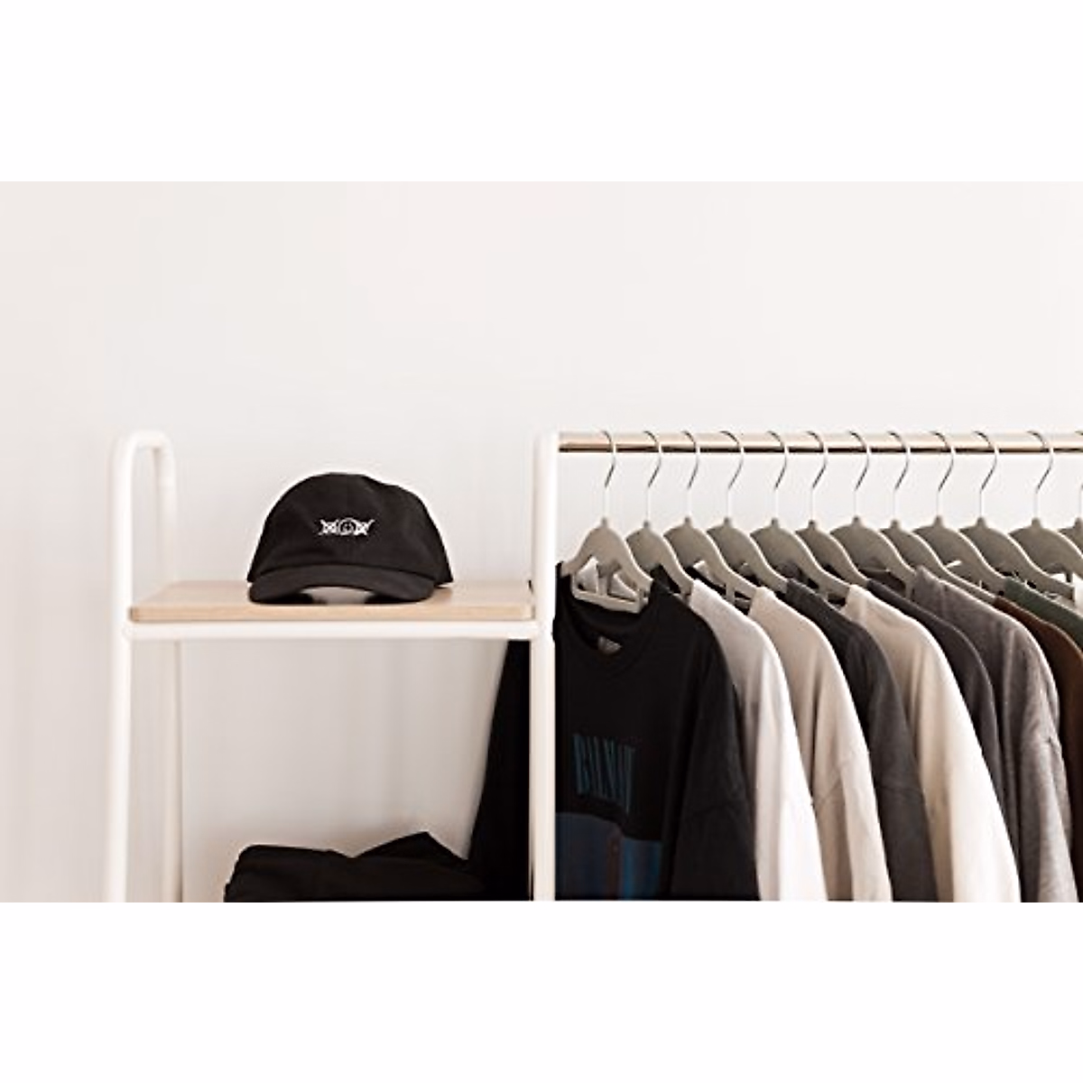 IRIS USA Clothing Rack, Clothes Rack with 4 Wood Shelves, Freestanding Clothing Rack, Easy to Assemble Garment Rack, Standing Metal Sturdy Clothing Rack, Small Space Storage Solution, White