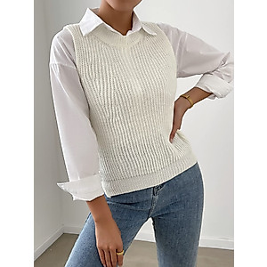 Verdusa Women's Slit Hem Sleeveless Round Neck Knitted Sweater Vest Tank Top White M
