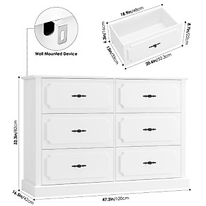 FINETONES White Dresser 6 Drawer, 47.2'' White Dresser Chest of Drawers, Farmhouse Wide Dresser White Chest of Drawers with Designed Drawer Surfaces, 6 Drawer Dresser Storage Organizer