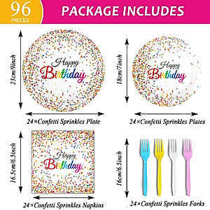 96 Pieces Happy Birthday Plates and Napkins Party Supplies for Confetti Sprinkles Theme Table Decorations Pastel Birthday Party Tableware Donut Paper Plates Napkins Forks Favors for 24 Guests.
