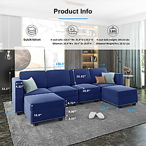 PUREMIND Modular Sectional Sofa with Reversible Storage Ottoman, Convertible U Shaped Couch with Adjustable Armrest & Backrest, Velvet 6 Seater L Shaped Sofa Sleeper for Living Room, Blue