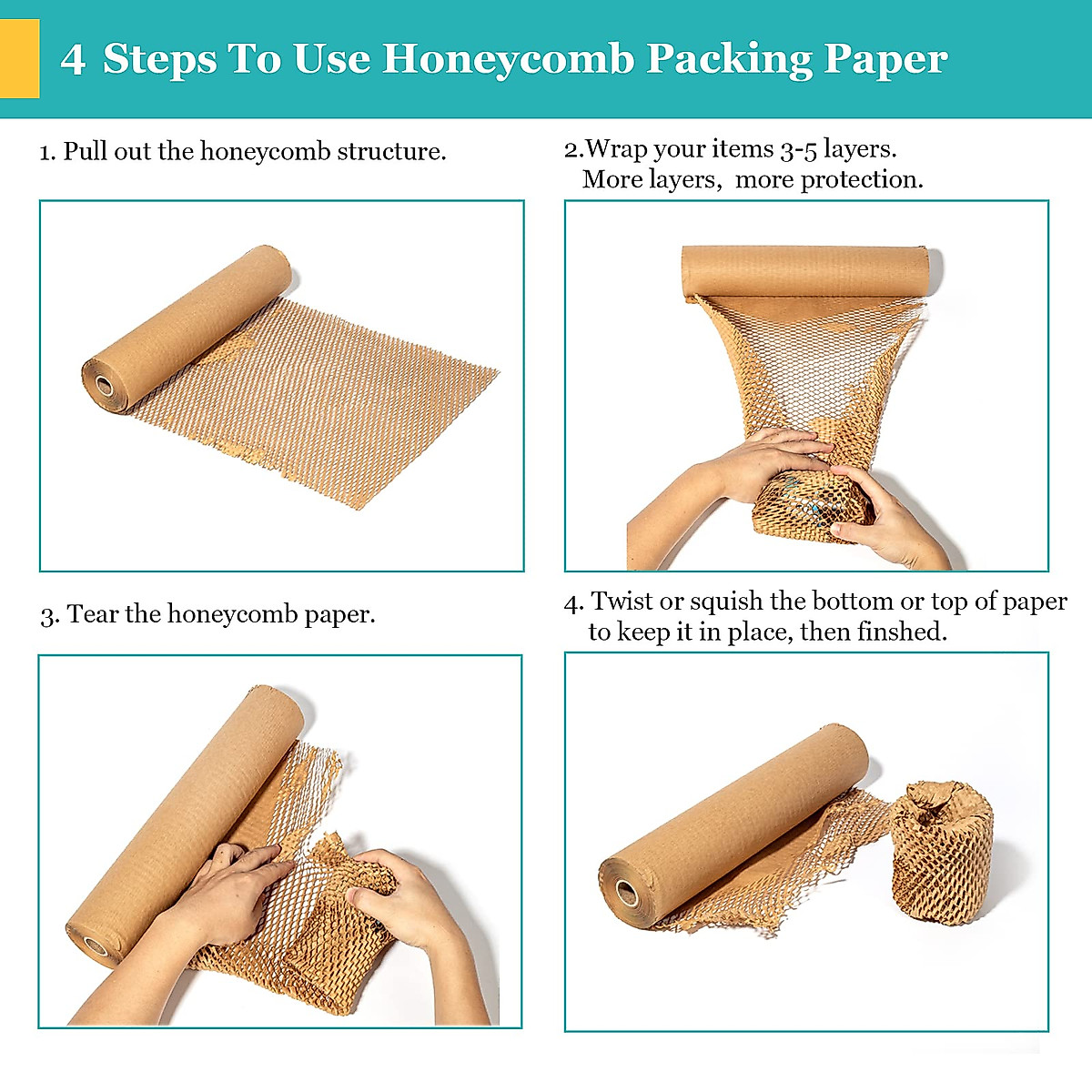 MCfleet 15"x135' Honeycomb Packing Paper Wrap Roll, Eco Friendly Packaging Material for Moving Shipping Gift Wrapping with 20 Fragile Stickers, Protective Recycled Cushion Wrap Suppliers Kraft Brown