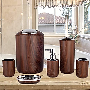 Bathroom Accessories Set 6 Piece Plastic Bath Ensemble Soap Dispenser Toothbrush Holder, Tumbler Soap Dish Soap Saver Trash Can Toilet Brush Holder Decorative Countertop Bathroom Accessoy Set (Brown)