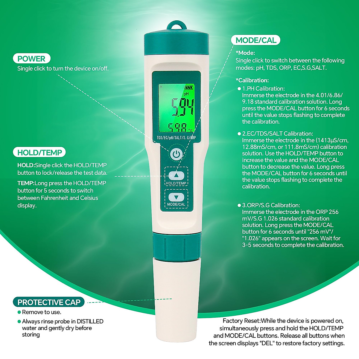 RAINLEOTI PH and TDS Meter, 7-in-1 Digital pH Tester for Water, PH/TDS/EC/SG/ORP/Salt/Temp