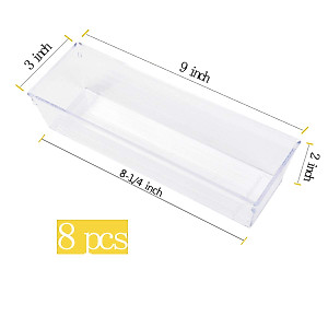Backerysupply Clear Plastic Drawer Organizer Tray for Vanity Cabinet (9"×3"×2"，Set of 8),Storage Tray for Makeup, Kitchen Utensils, Jewelries, and Gadgets