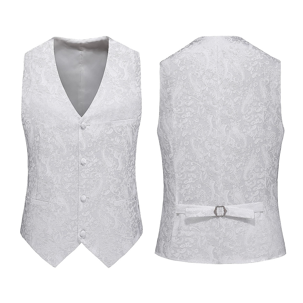 MOGU Mens 3 Piece Tuxedo Slim Fit Jacquard Floral Vintage Groomsmen Wedding Prom Suit Blazre 34 / Pants 31 White