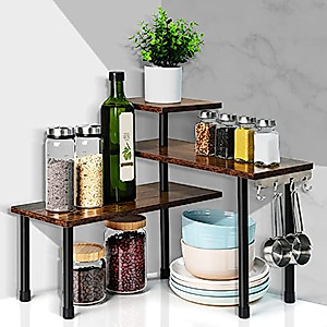Ollieroo Kitchen Counter Shelf Organizer, 3 Tier Corner Shelf Bathroom Countertop Organizer with Hooks, Space Saving Makeup Organizer Spice Rack Corner Plant Shelf