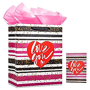 WhatSign Valentines Day Gift Bags Love You 13" Large Gift Bags with Tissue Paper and Card for Her Him Valentine's Paper Gifts Bags with Handles for Valentine's Day Anniversary Wedding Birthday Party