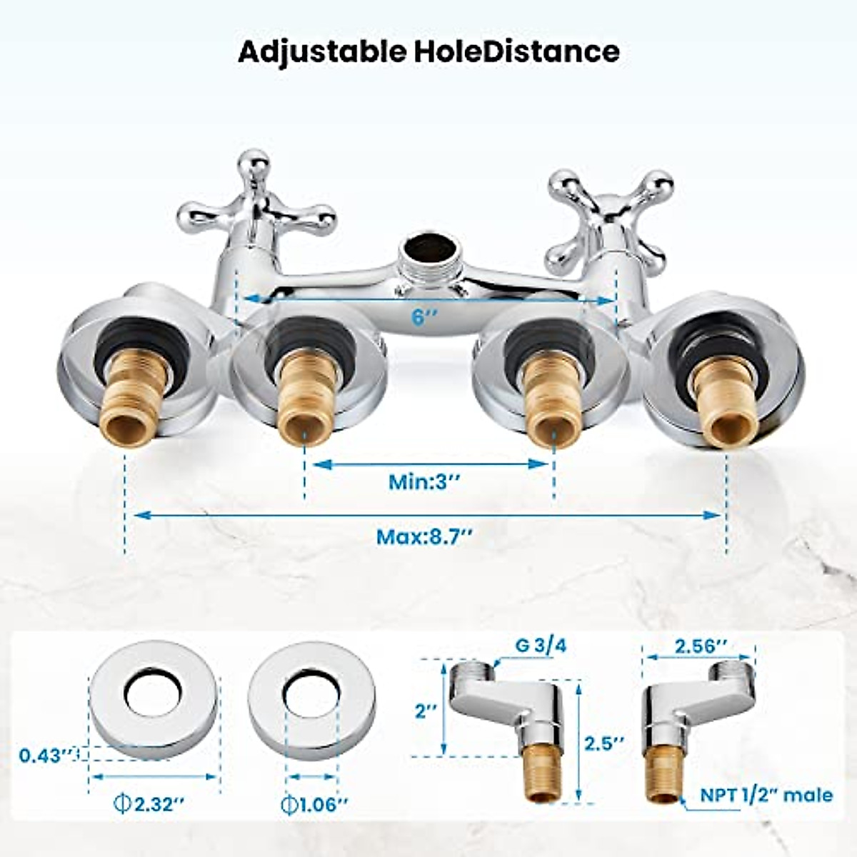 Wall Mount Kitchen Faucet Polish Chrome Double Cross Handle Commercial 3 Inch to 9 Inch Adjustable Hole Distance Spread Silver Mixer Tap 9 inch Spout Reach