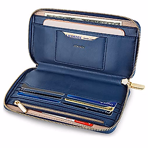 SERMAN BRANDS Women's Classic Clutch Wallets for Women RFID Blocking. Blue Purse Card Wallet w. Phone Holder (Prestige)