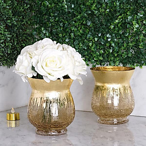 Tableclothsfactory Pack of 2 8" Tall Handmade Gold Foil Crackle Glass Vases Hurricane Candle Holders