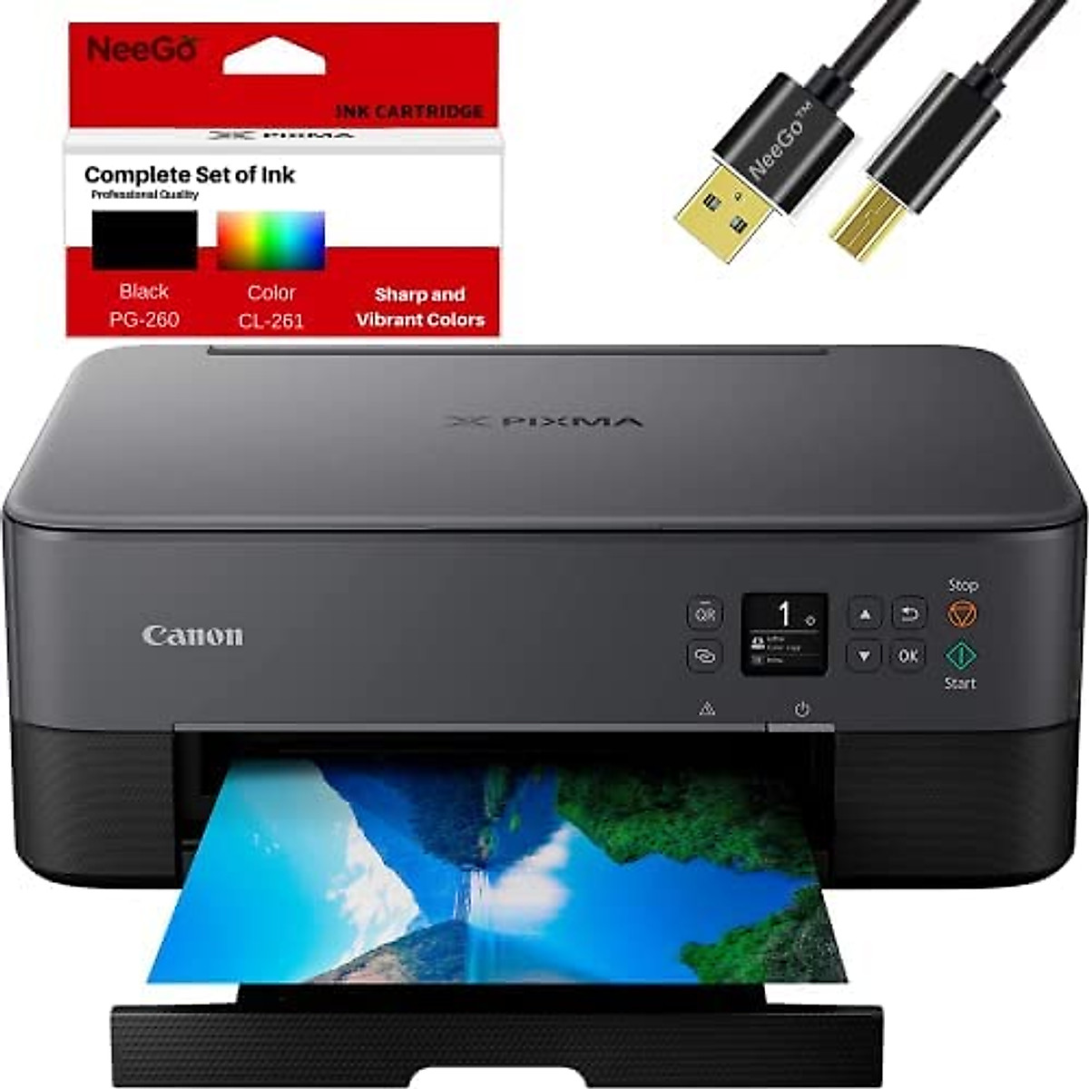 Canon Wireless Pixma Inkjet All in One Printer with Scanner - High Resolution Fast Speed Printing Compact Size Up to 4800x1200 DPI Color Resolution, Bonus Set of NeeGo Ink and 6 Ft Printer Cable