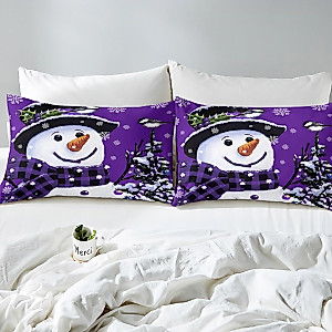 Feelyou Kids Christmas Theme Decorations Bedding Set Xmas Snowman Duvet Cover for Boys Girls Snowflake Kawaii Cute Comforter Cover Set Purple Bedspread Cover Bedroom Collection King Size