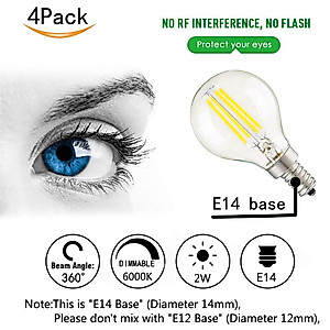 CTKcom 2W G45 Candelabra LED Bulbs Dimmable(4 Pack)- E14 Base Vintage Edison Incandescent Bulb 20W Equivalent 6000K Daylight White Bulbs for Home,Pendant Light,Sconces,Light Fixtures AC110V~130V