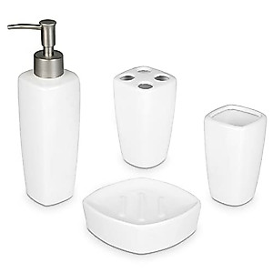MyGift 4 Piece Ceramic White Bathroom Accessory Set with Soap Dispenser Pump, Toothbrush Holder, Tumbler and Soap Dish