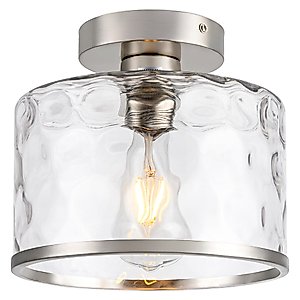 Zlepmlla Modern Semi Flush Mount Ceiling Light Industrial Clear Hammered Glass Lampshade Farmhouse close to ceiling lights fixtures in Satin Nickel for Hallway Kitchen Bathroom Bedroom