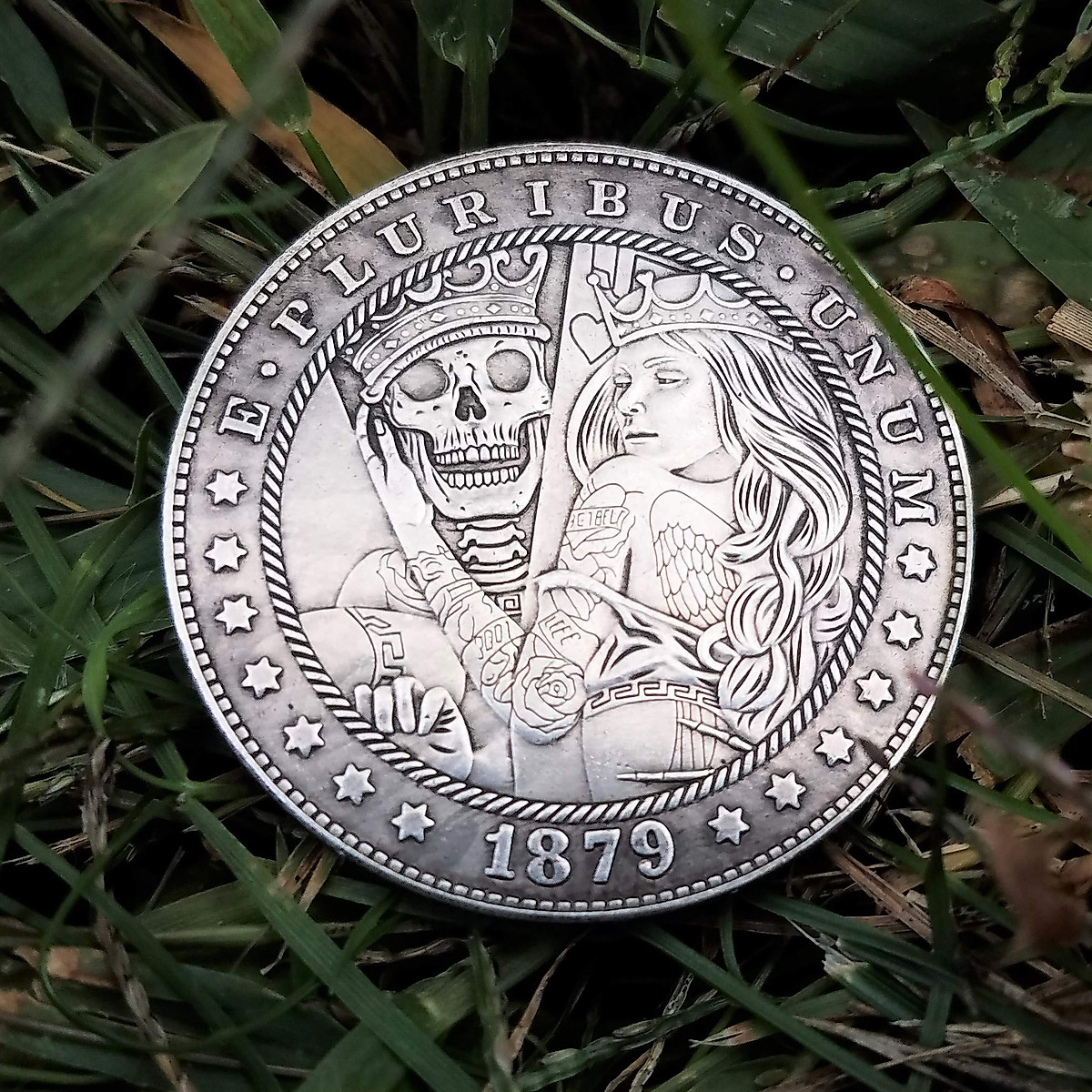 1879 Tattoo Princess with Her Skeleton King Art Coin Replica Morgan Silver Dollar Carson City Mint Mark 1.5" (38mm) Collectible with Protective Capsule and Display Stand – Comes with Display Stand