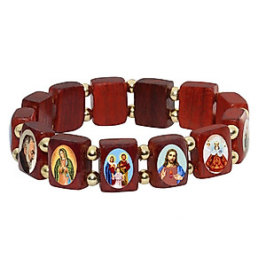 Catholica Shop Catholic Religious Wooden Stretch Devotional Bracelets with Assorted Color Images of Saints, Jesus, and Mary. Made in Brazil